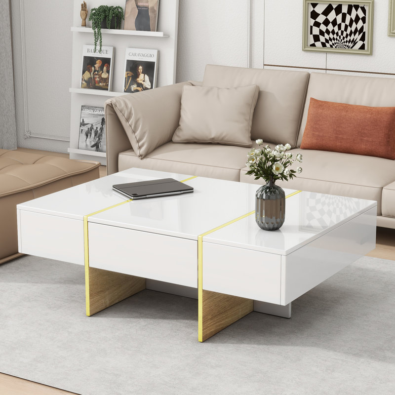 Minimalist High Gloss Coffee Table with 2 Drawers and Wood Grain Legs Ivy Bronx Color White